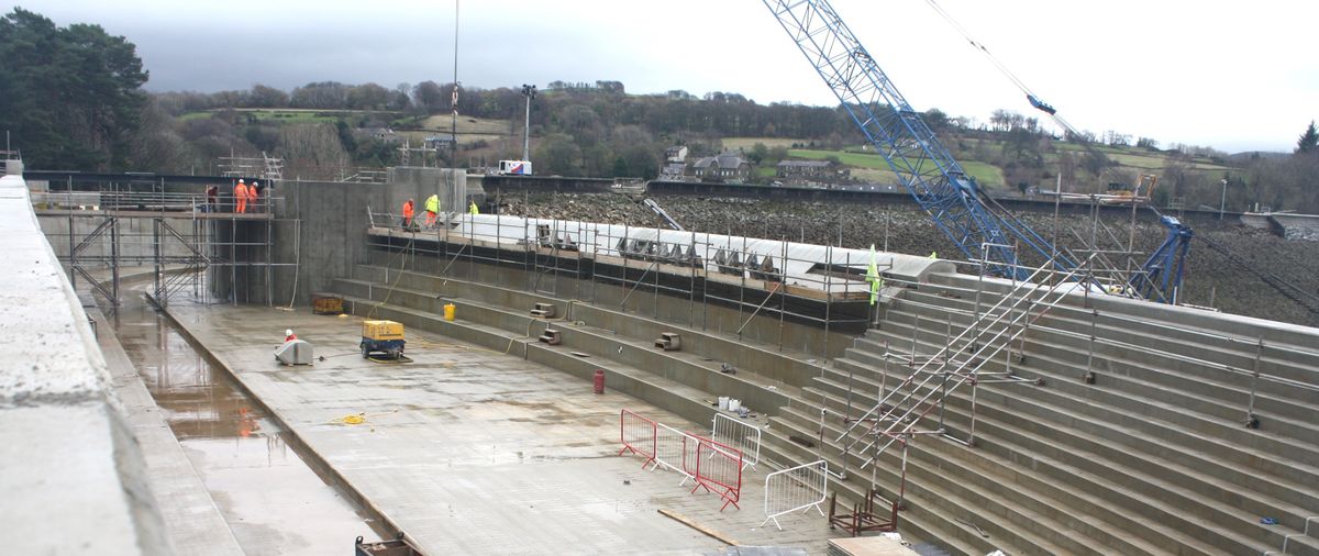 New dam overflow spillway structure constructed in Whaley Bridge ...